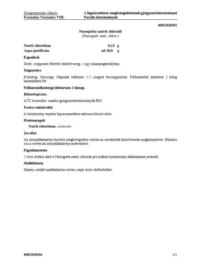 Nasogutta Natrii Chloridi FoNoVIII 01 Gyogyszereszi Cikkely | PDF