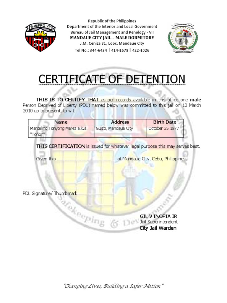 Certificate of Detention: Marcelino Tonyong Merez A.K.A. "Toñon" Guizo ...