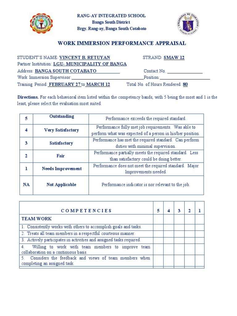 Work Immersion Appraisal | PDF | Performance Appraisal | Psychological Resilience