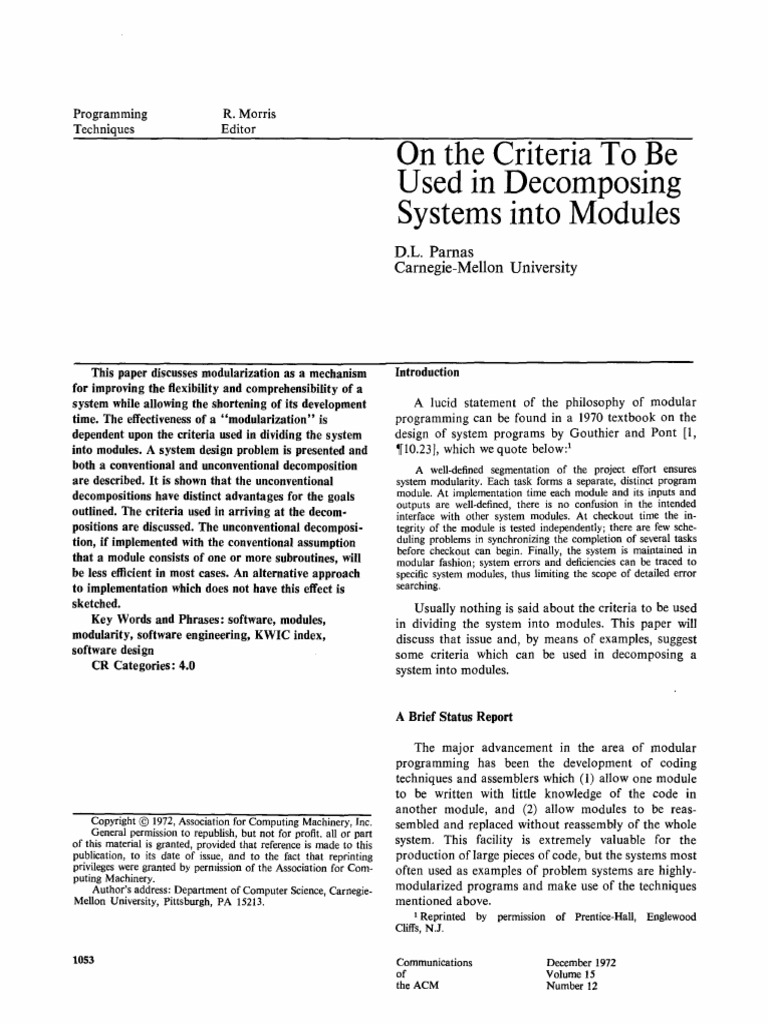 On The Criteria To Be Used in Decomposing Systems Into Modules | PDF | Subroutine | Modular ...