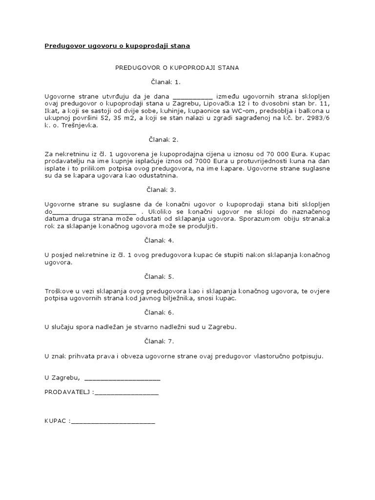 Predugovor o Kupoprodaji Stana | PDF