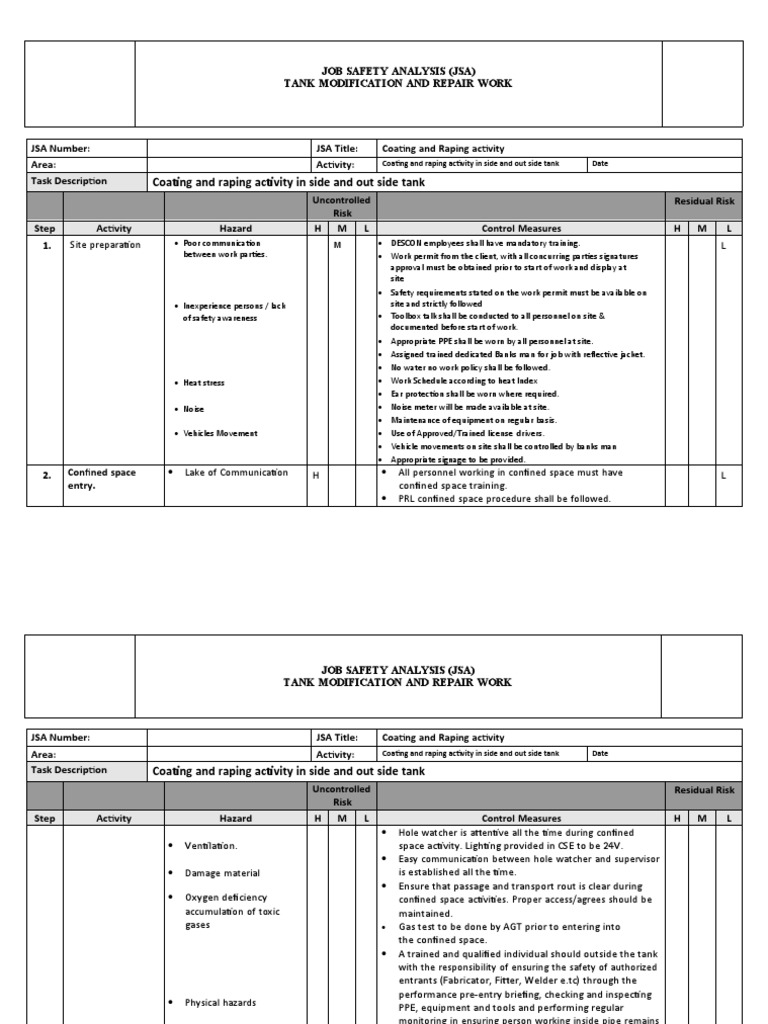 JSA For Coating and Raping Activity in Tank | PDF | Labor Relations ...
