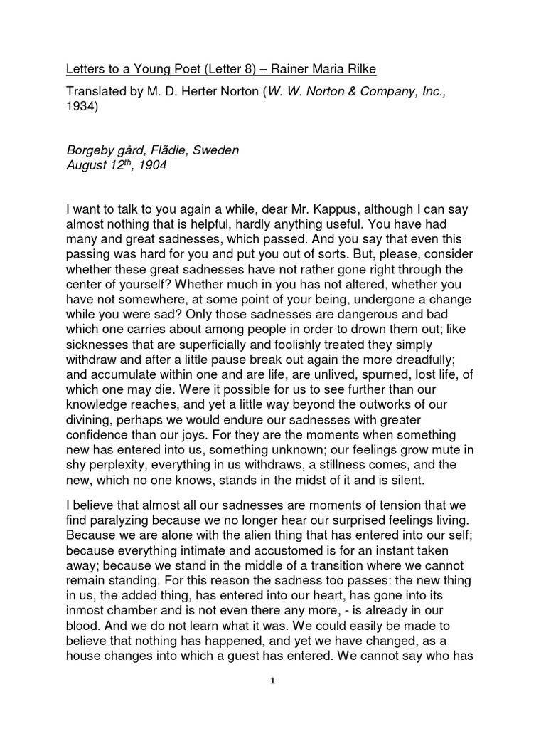 Rilke Rainer Maria Letters To A Young Poet Letter 8 | PDF
