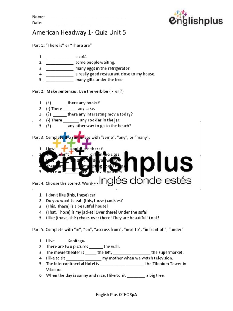 American Headway 1 - Quiz Unit 5 | PDF