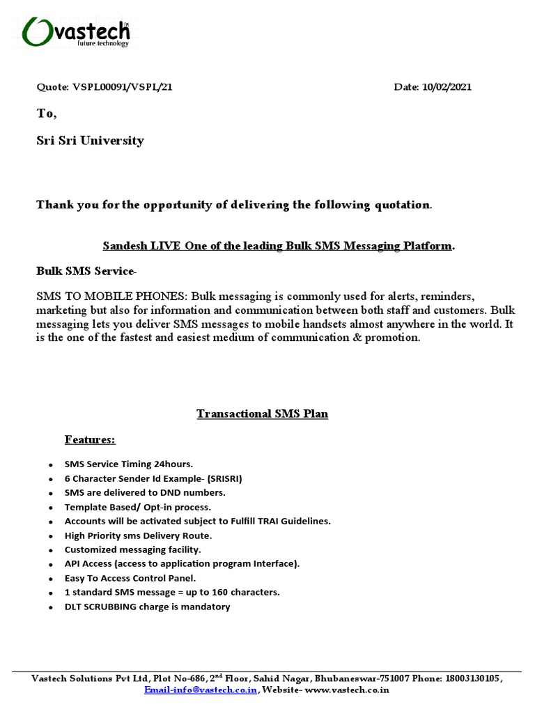 Quotation for Bulk SMS Services | PDF | Mobile Technology | Business