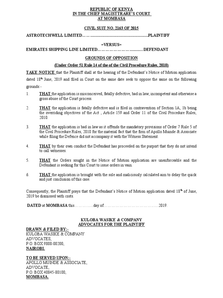 Grounds of Opposition | PDF | Lawsuit | Legal Procedure