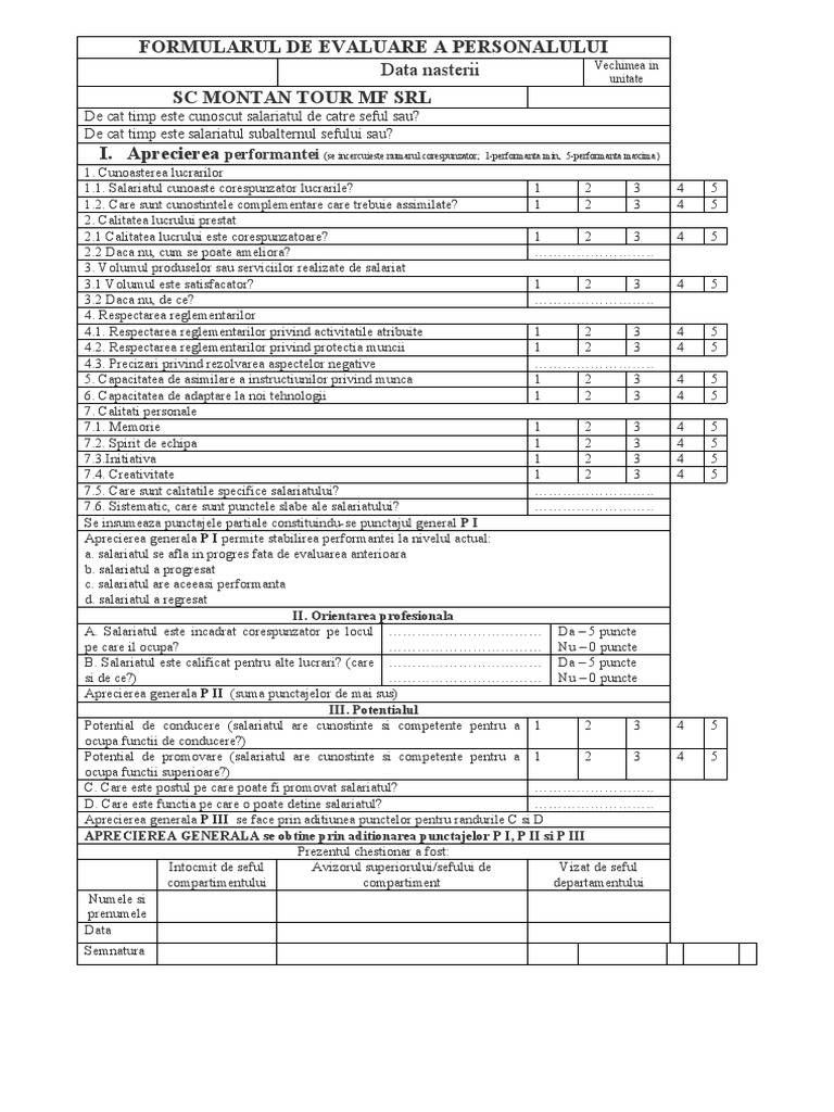 Formularul de Evaluare a Personalului