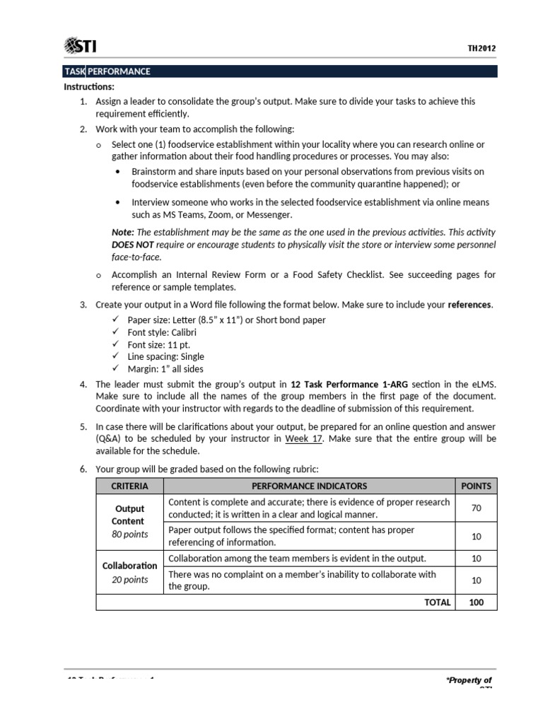 12 Task Performance 1 - ARG-unlocked | PDF | Foods | Hygiene