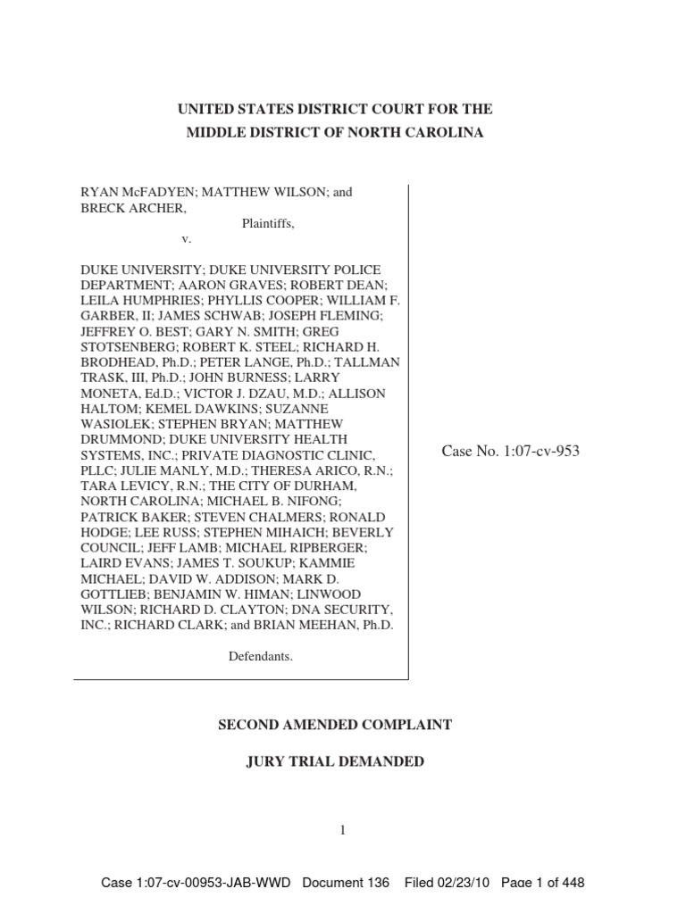 Duke Lacrosse Civil Rights Complaint United States District Court Case ... Duke Lacrosse Civil Rights Complaint United States District Court Case ...