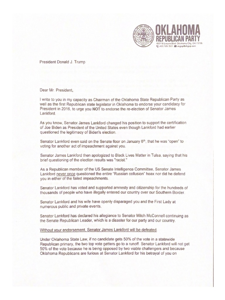 Oklahoma GOP Chair Letter To Trump Re Sen Lankford | PDF