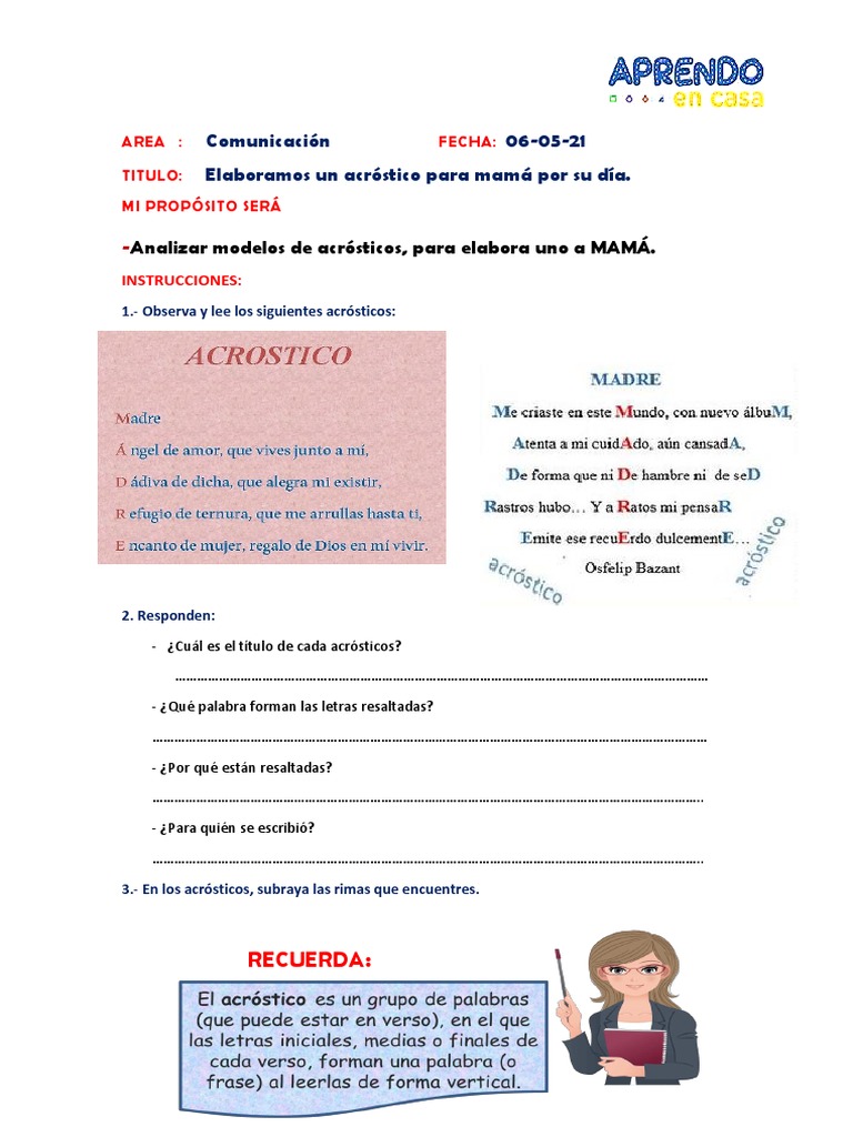 Un acróstico para mamá: creando un poema que expresa aprecio y amor | PDF