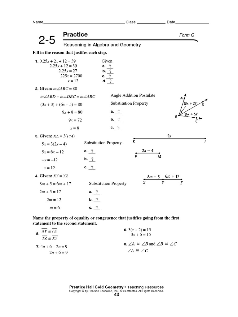 2.5 Reasoning in Algebra and Geometry Practice Worksheet Form G | PDF ...
