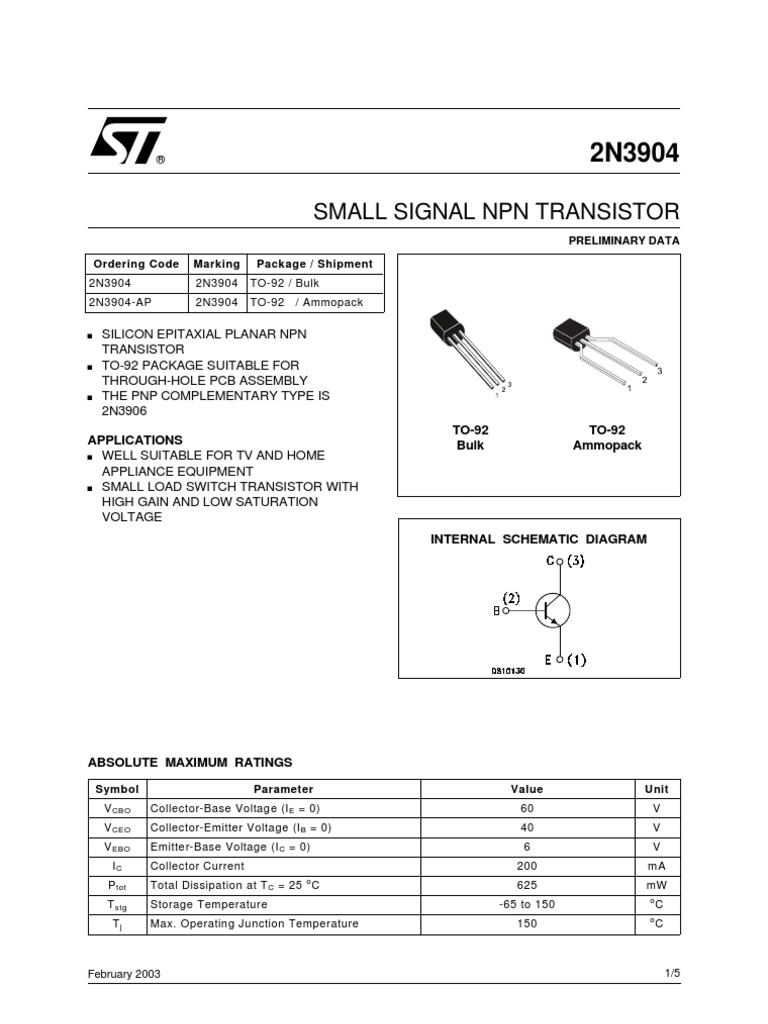 ST 2 N 3904 | PDF | Bipolar Junction Transistor | Transistor