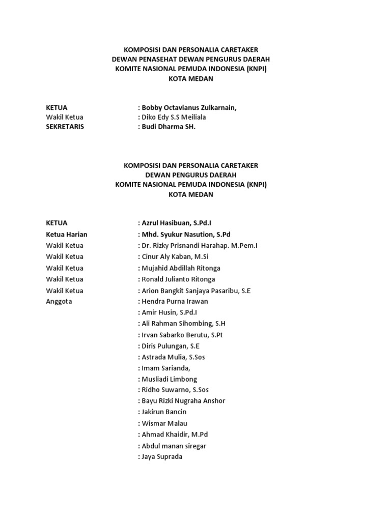 Komposisi Dan Personalia Caretaker DPD Knpi Kota Medan Fix | PDF