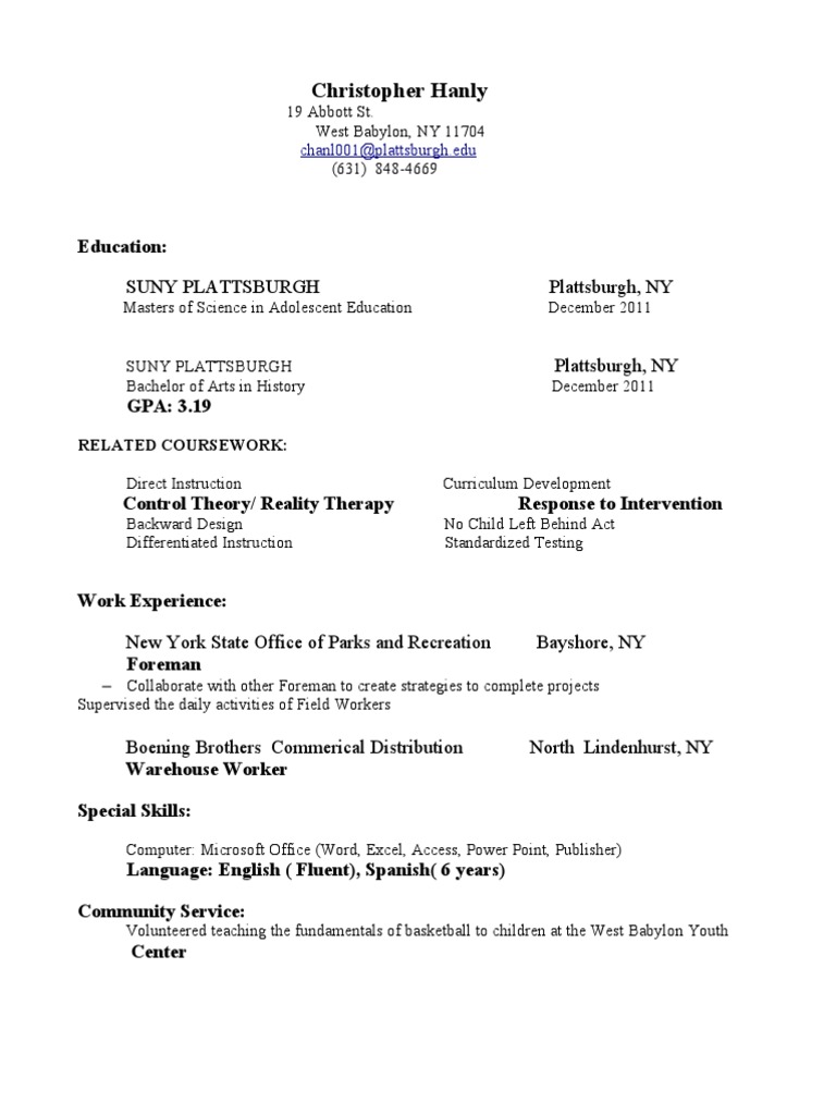 Christopher Hanly: Suny Plattsburgh Plattsburgh, Ny | PDF | Social ...