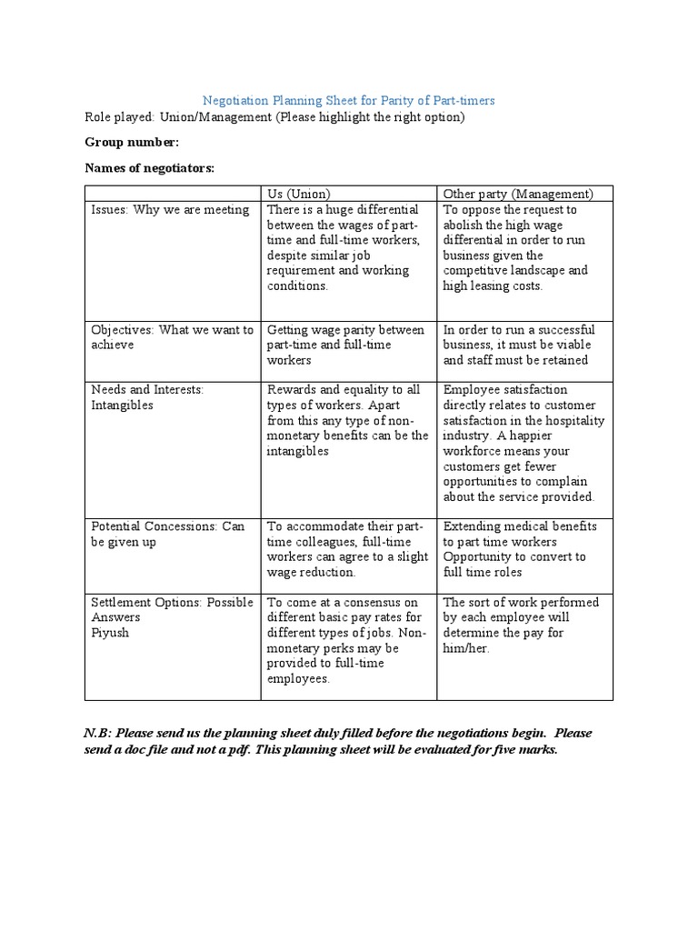 Negotiation Planning Worksheet For Parity Role-Play | PDF | Employment ...