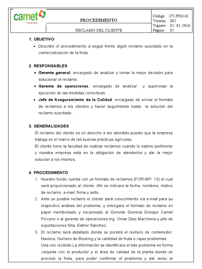 PROCEDIMIENTO Reclamo Del Cliente | PDF | Negocios | Finanzas y dinero