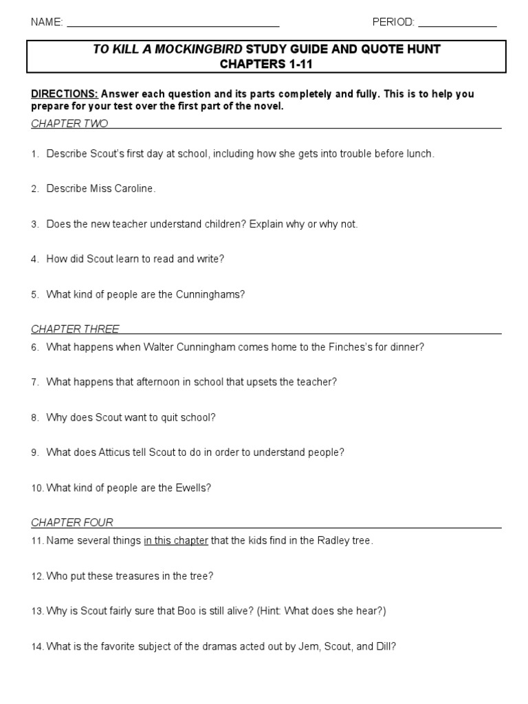TKAM Study Guide: Chapters 1-11 | PDF | To Kill A Mockingbird