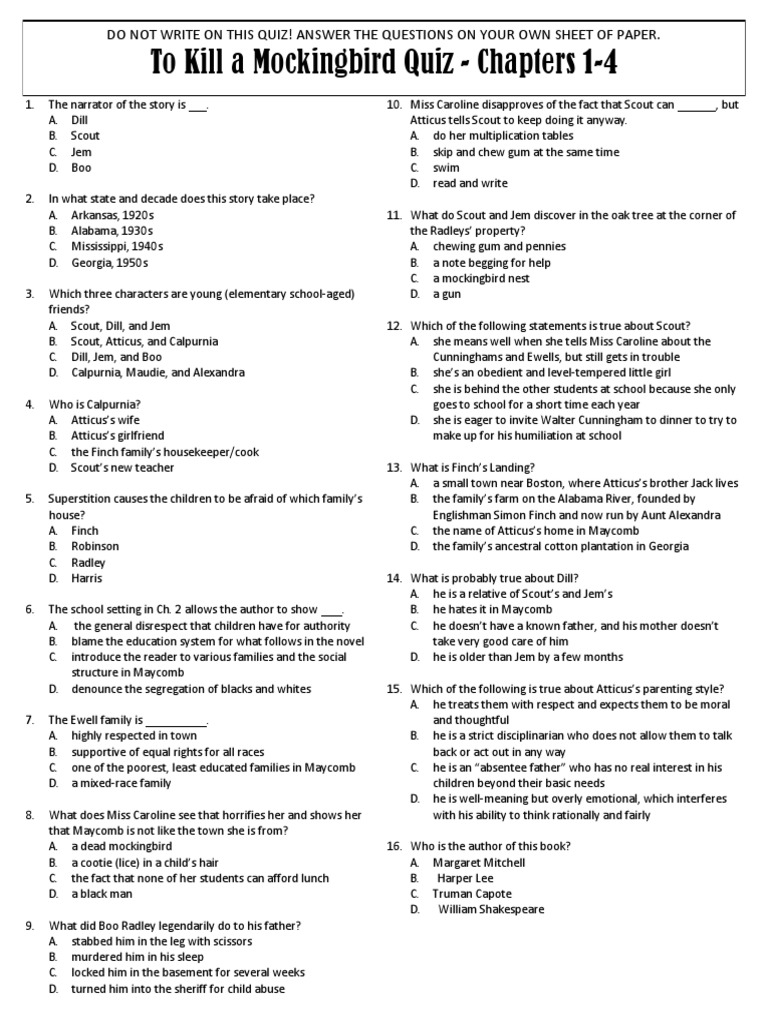 To Kill A Mockingbird Quiz - Chapters 1-4: Do Not Write On This Quiz ...
