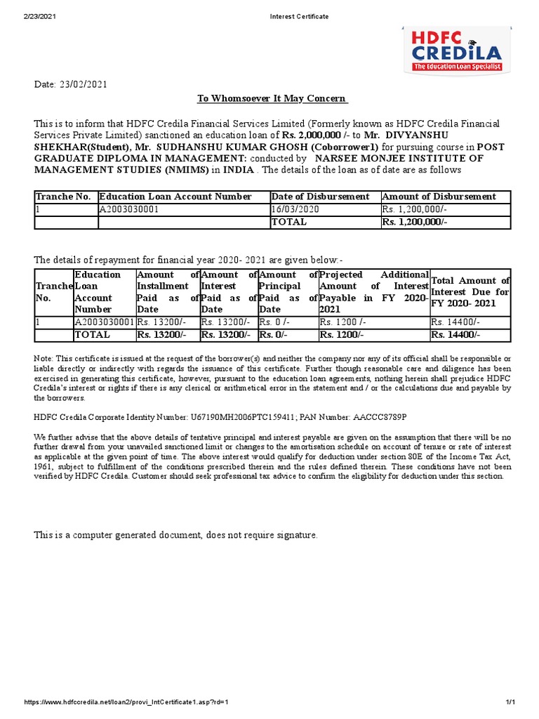 Divyanshu Shekhar Interest Certificate | PDF | Loans | Student Loan