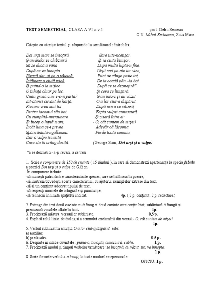 Test Semestrial Clasa A Via v.1 Si v.2 | PDF