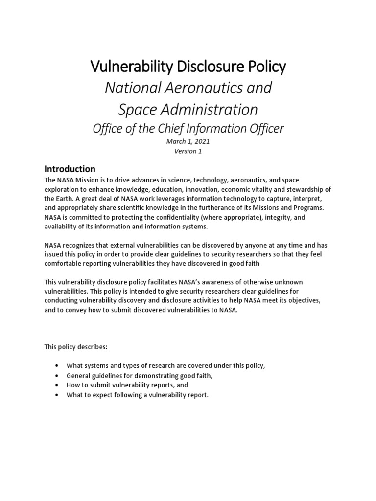 Nasa VDP External Policy Final | PDF | Vulnerability (Computing ...