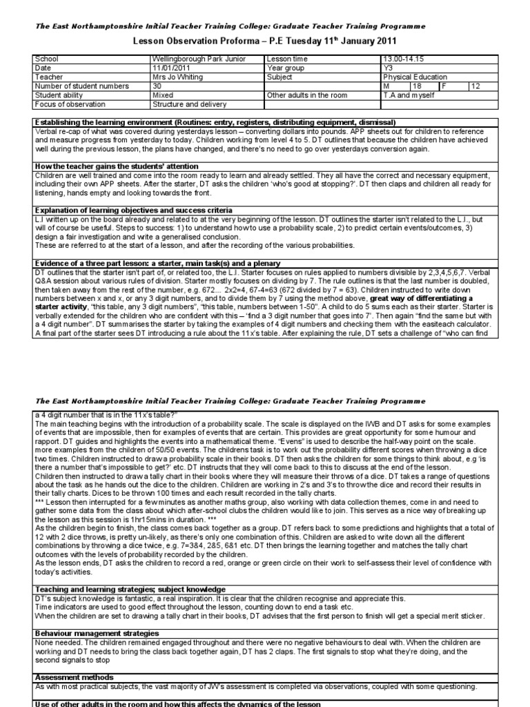 Lesson Observation Proforma - P.E Tuesday 11 January 2011 | PDF ...