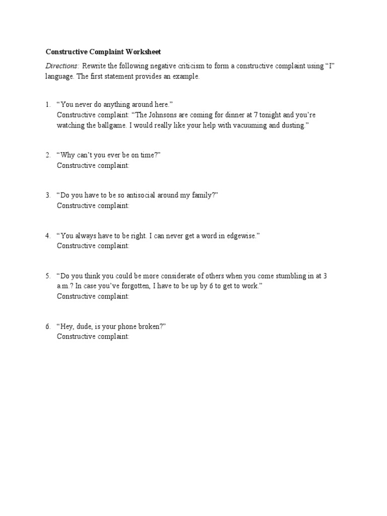 Chapter 8-Constructive Complaint Worksheet | PDF | Self-Improvement