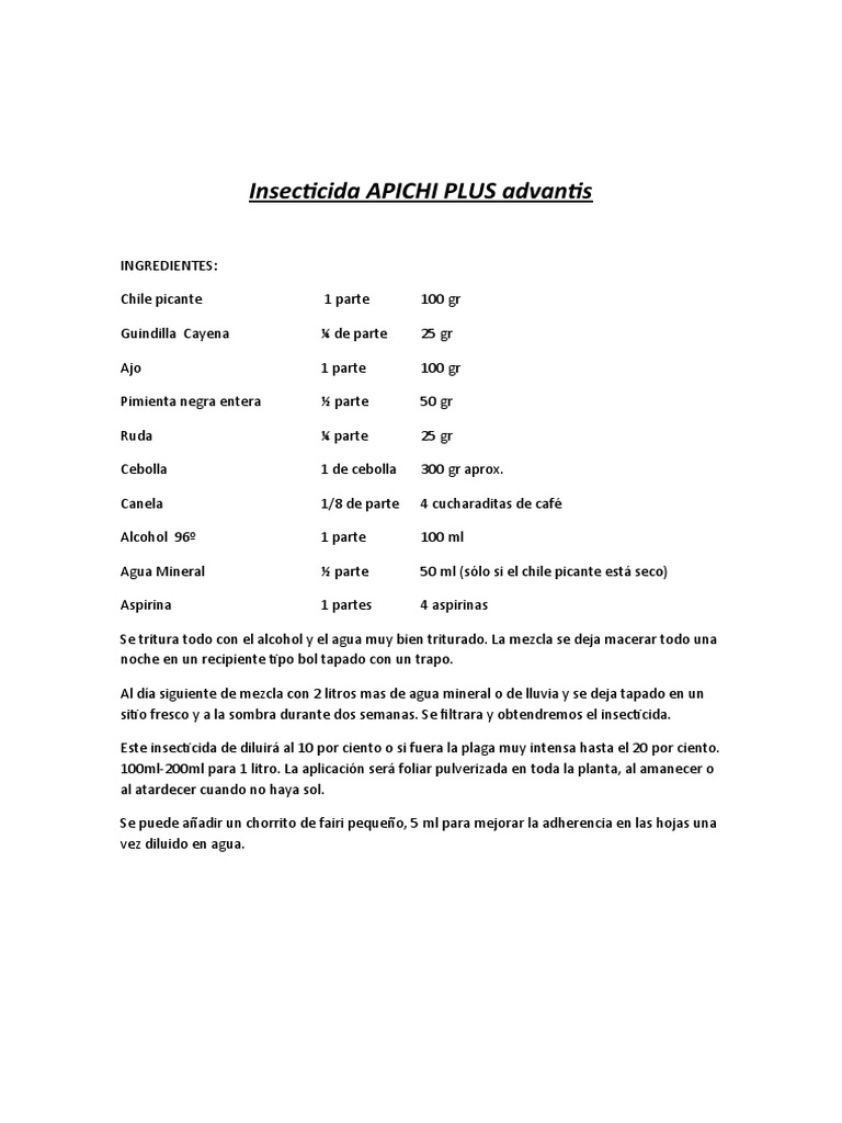 Insecticida APICHI PLUS | PDF | Agua | Alimentos