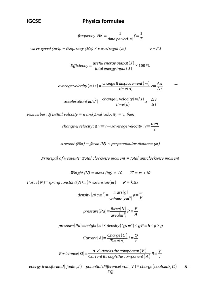 IGCSE Physics Formulae | PDF | Force | Mass