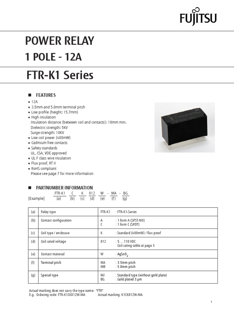 Power Relay FTR-K1 Series: 1 POLE - 12A | Download Free PDF | Inductor ...