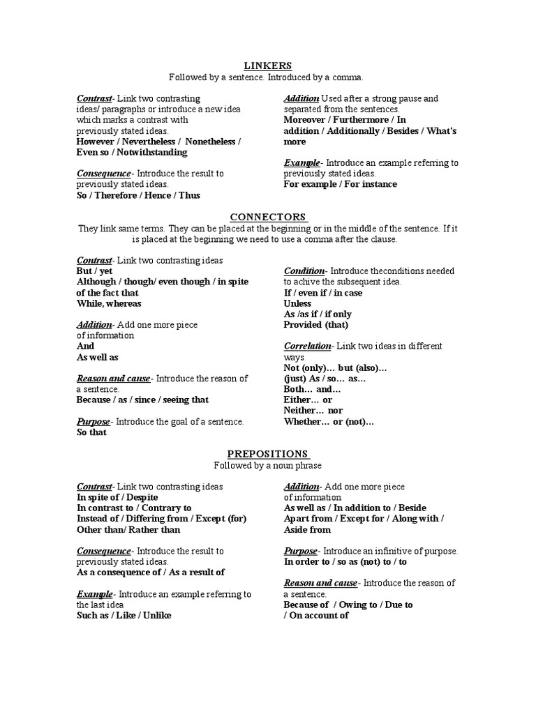 LINKERS | PDF | Sentence (Linguistics) | Preposition And Postposition