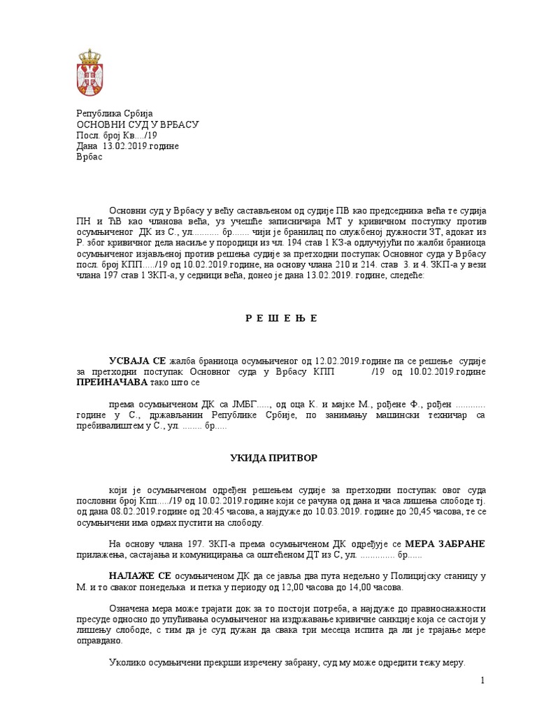 RESENJE O UKIDANJU PRITVORA I IZRIZANJE MERE | PDF