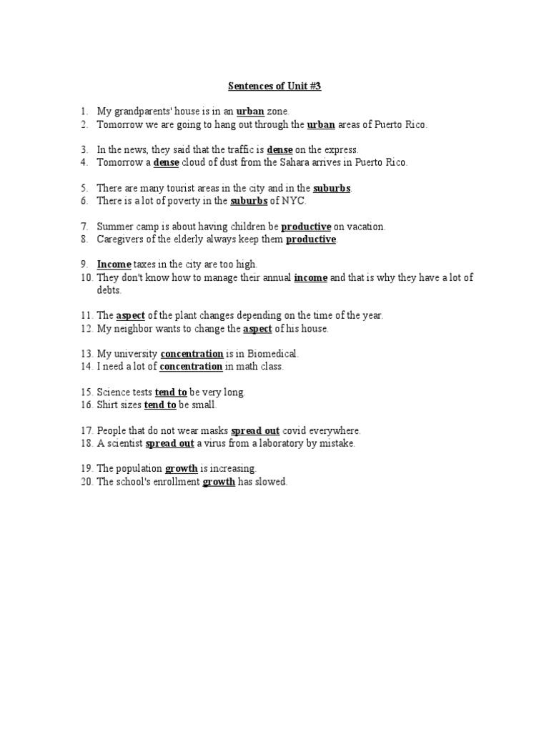 Unit 3 Sentences | PDF