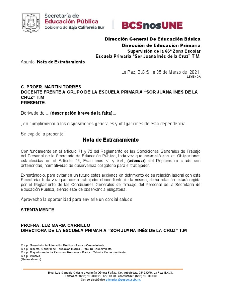 Formato Nota De Extrañamiento Ejemplo Pdf Educación Primaria