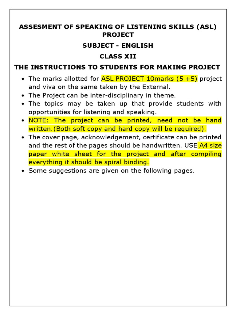 Assesment of Speaking of Listening Skills (Asl) Project Subject ...