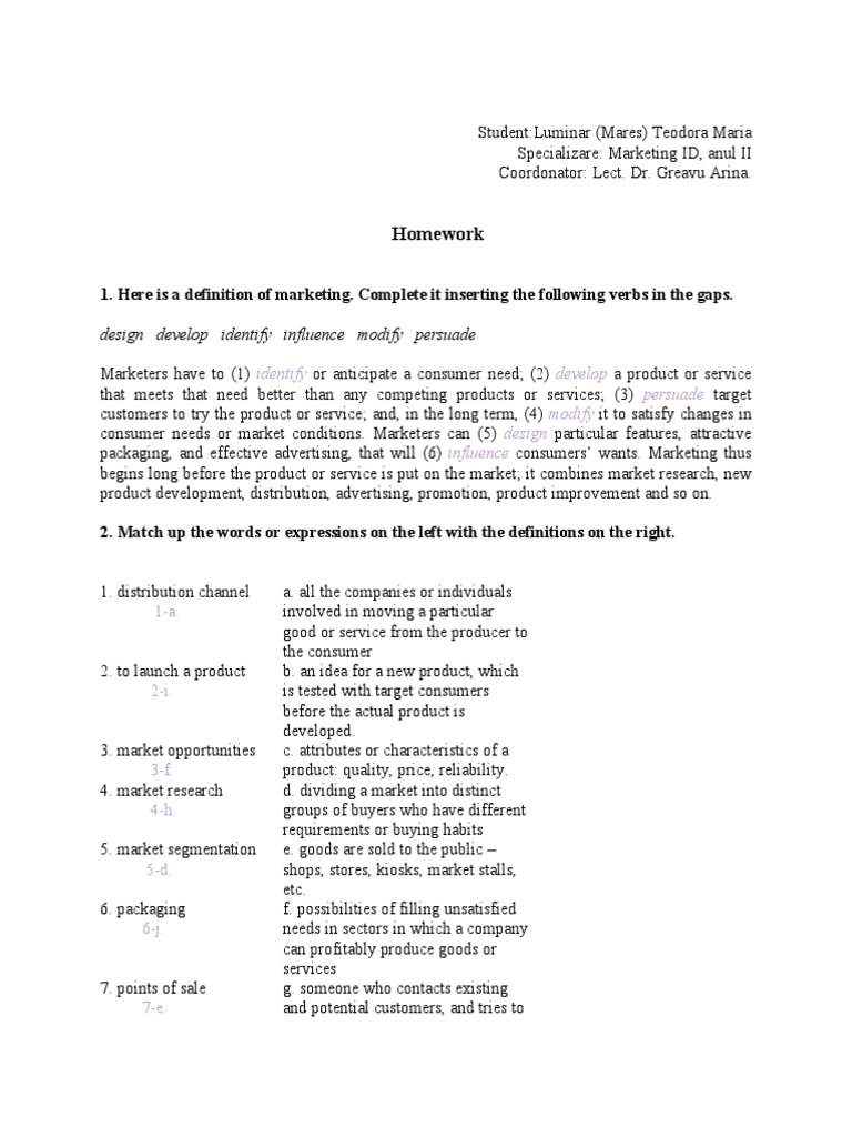 Homework: 1. Here Is A Definition of Marketing. Complete It Inserting ...