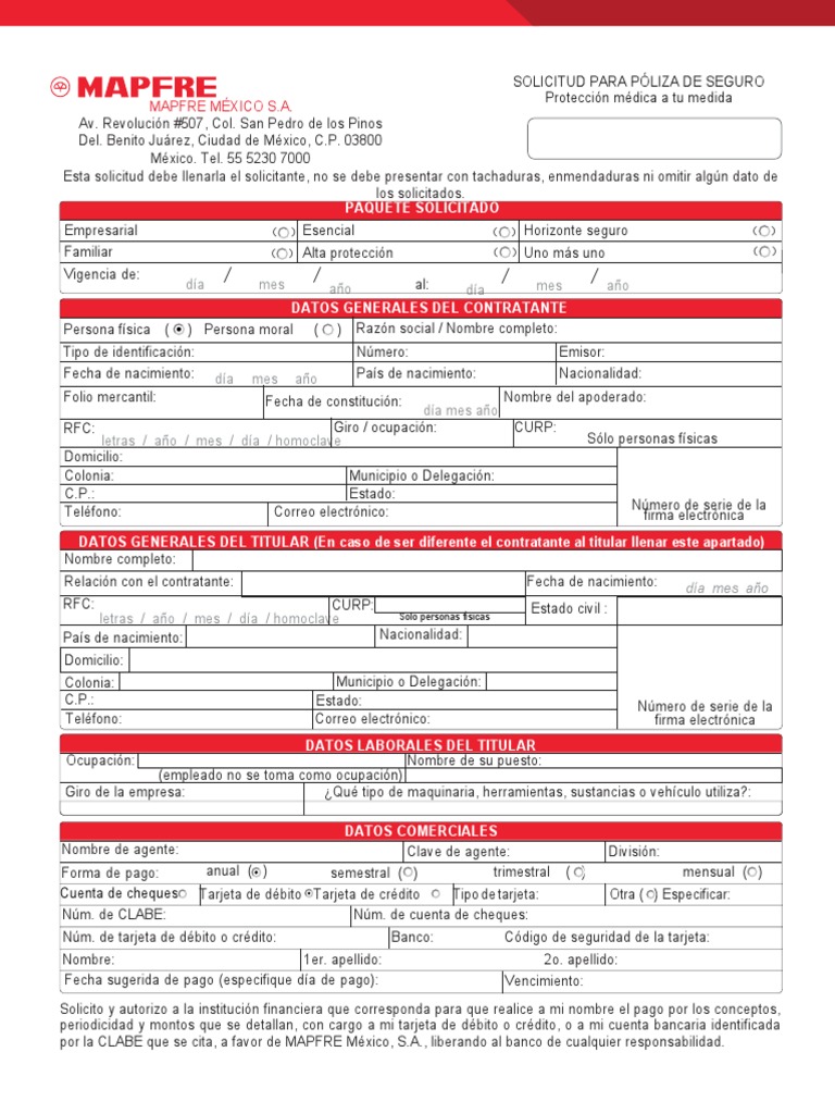 MAPFRE Solicitud para Poliza de Seguro - Proteccion Medica A Tu Medida | PDF | Seguro | Tarjeta ...