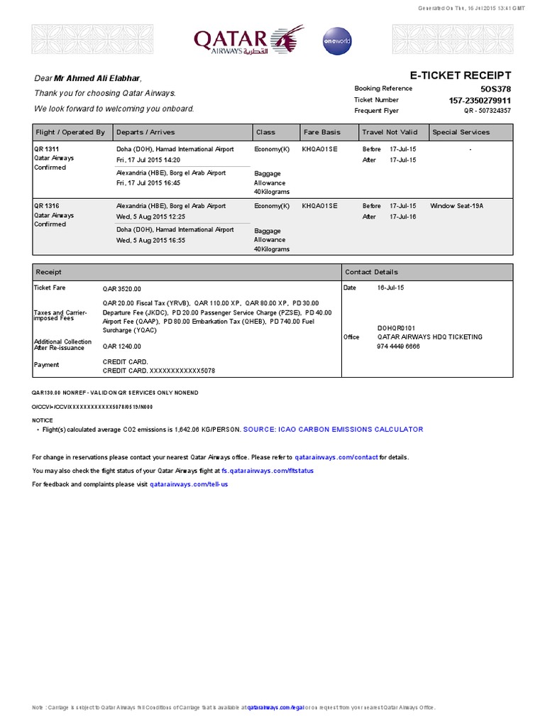 E-Ticket 1572350279911 | PDF | Qatar | Fee