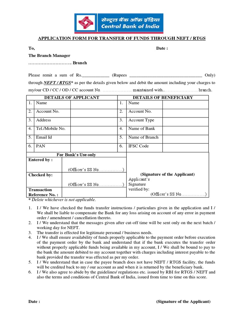 Central Bank of India RTGS NEFT Form | PDF | Service Industries ...