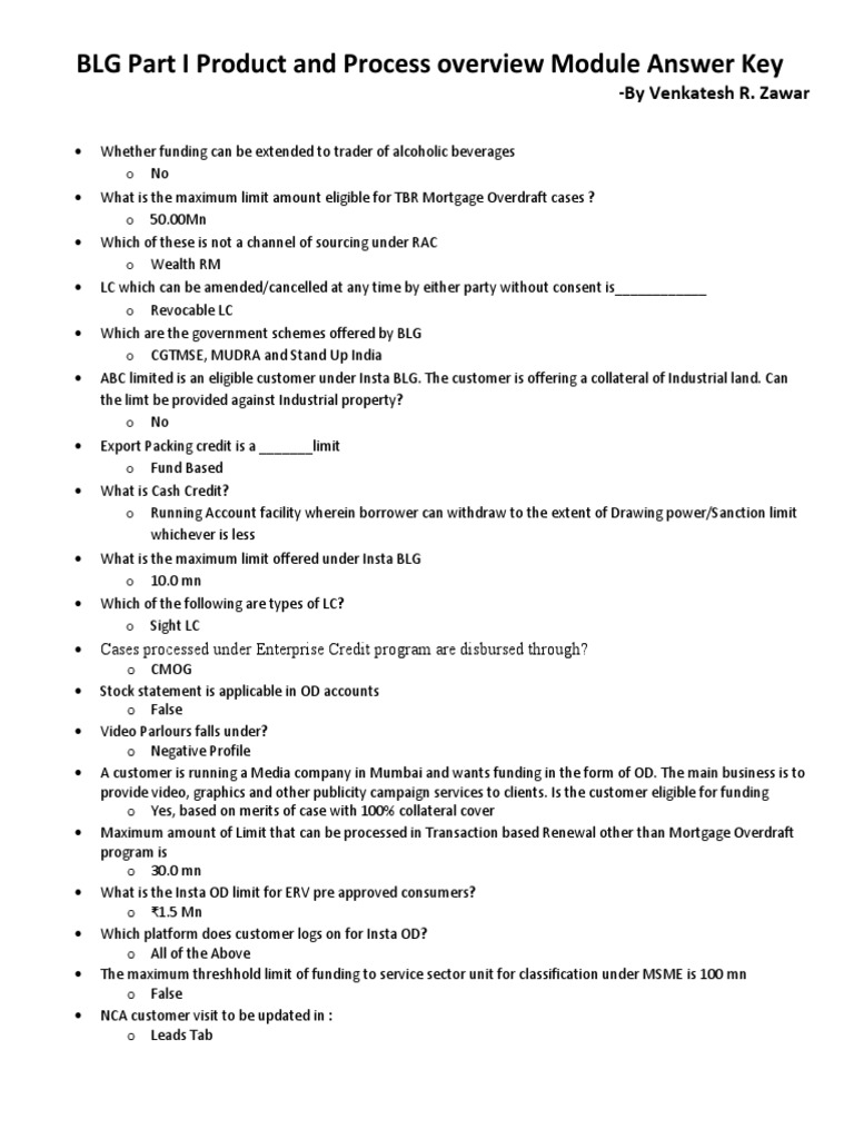 BLG Part I Product and Process Overview Module Answer Key | PDF ...