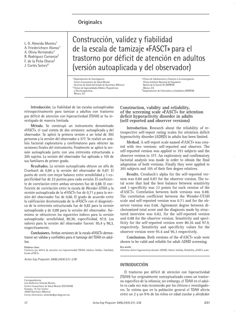 Contrucción, validez y fiabilidad de la escala de tamizaje FAST para el ...