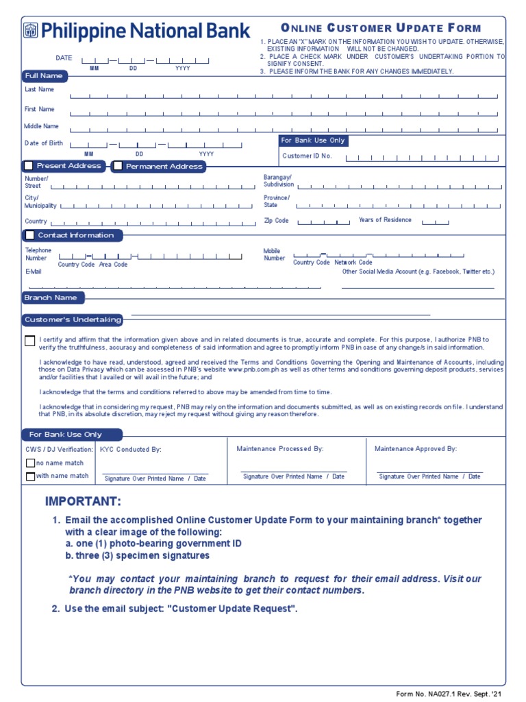 PNB Online Customer Update Form | PDF | Information | Information Age