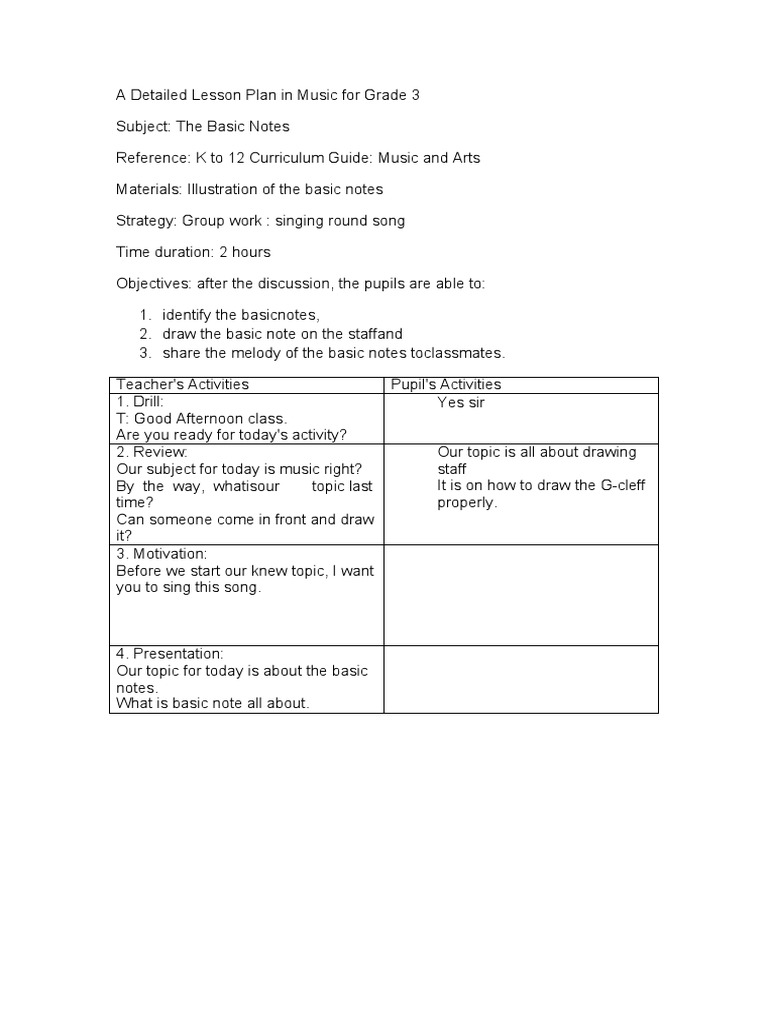 Grade 3 Music Lesson Plan: Basic Notes | PDF | Education Theory ...