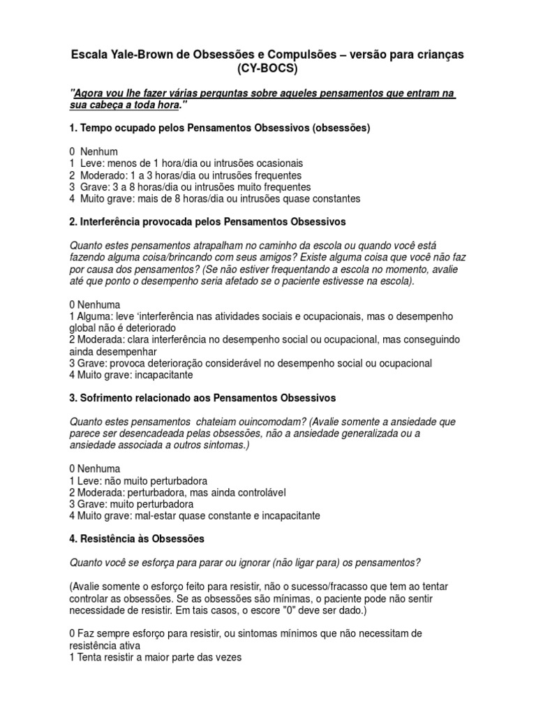 Escala Yale-Brown de Obsessoes e Compulsoes - Versao para Criancas-CY ...