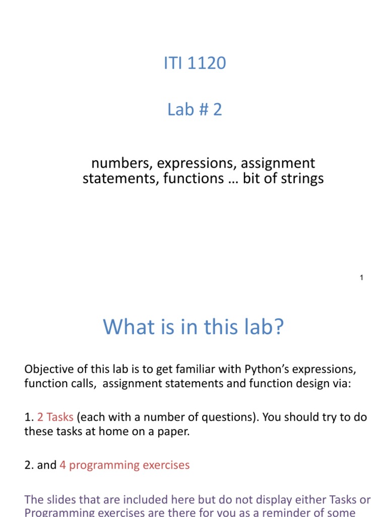 ITI 1120 Lab # 2: Numbers, Expressions, Assignment Statements, Functions Bit of Strings | PDF ...