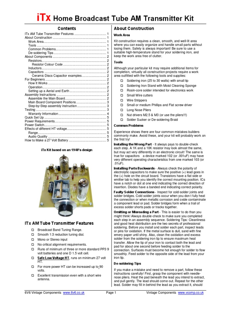 Home Broadcast Tube AM Transmitter Kit: About Construction | PDF ...