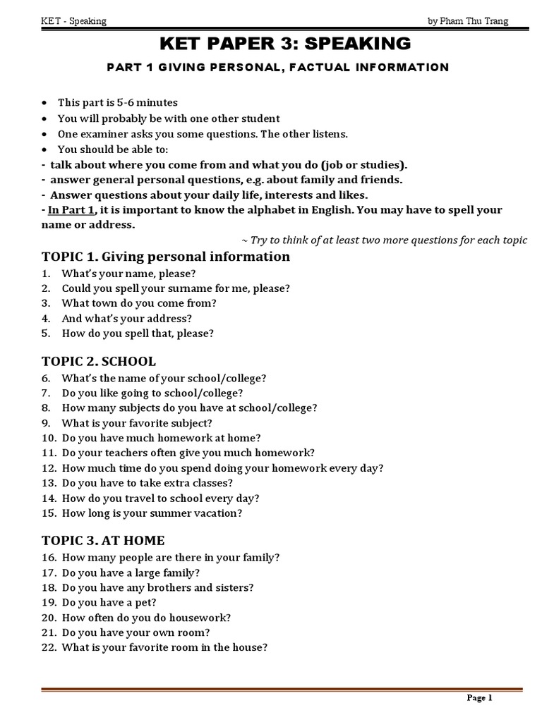 KET Speaking Part 1 Questions Guide | PDF | Lunch | Meal