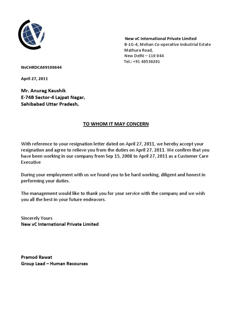 Releaving Letter Format | PDF | Business