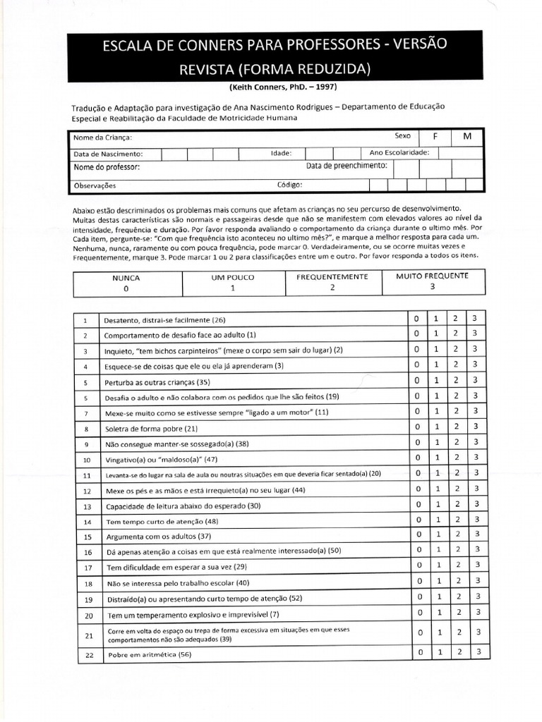 Escala de Conners para Professores | PDF